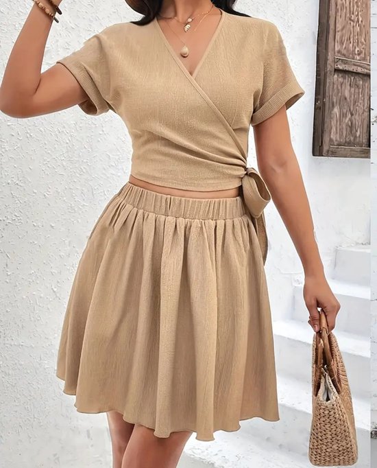 2 delige prachtige sexy elegante beige set rok en top met wikkel maat L ...