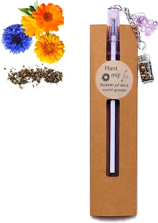 Pen cadeau juf met flesje zaden eetbare bloemen | 1 stuk | Cadeau ...