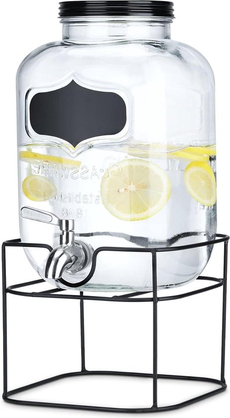Glass lemonade tap with tap - 5L - Beverage dispenser with black metal ...