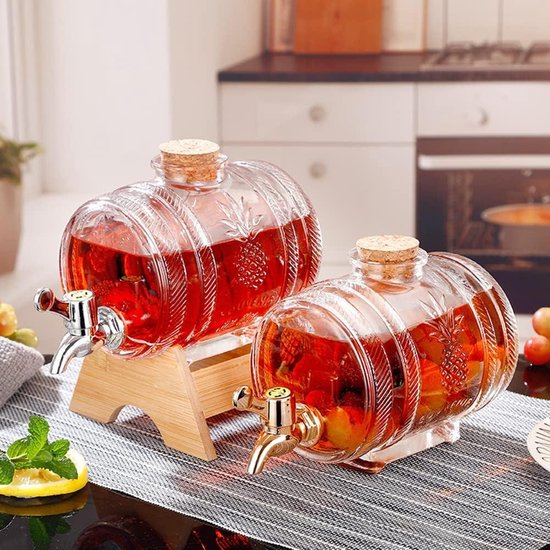 1 Litre Glass Barrel Drink Dispenser with Stand - Whiskey Decanter ...