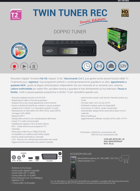 Digiquest Twin Tuner Small Edition, Ethernet (RJ-45), Terrestrial, Full HD, DVB-T2,... | bol