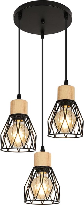 Hanglamp Industriële 3 lampen vintage metaal hout kroonluchter - zwart ...