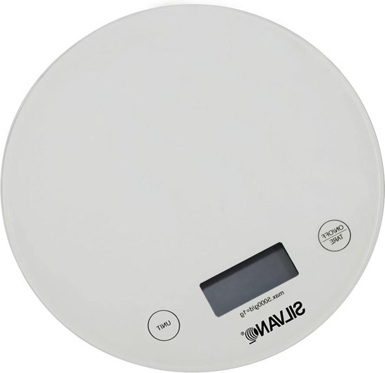 Round Glass Digital Kitchen Scale - White Design - 5 kg Max Weight - On ...