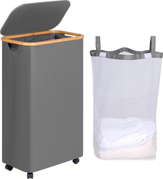 Opvouwbare wasmand met wieltjes 75 liter - Grijs, bamboe handgrepen - Afneembare zak... | bol