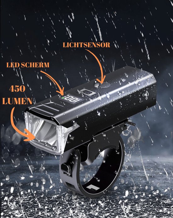Fietsverlichting met Lichtsensor - Fiets voorlicht met LED scherm - 450 ...