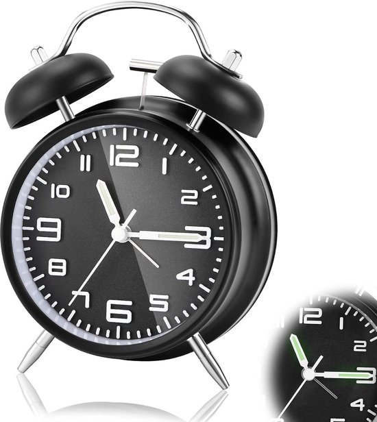 Dubbele belwekker, ronde wekker met nachtlampje en lichtgevende wijzers, wekker... | bol