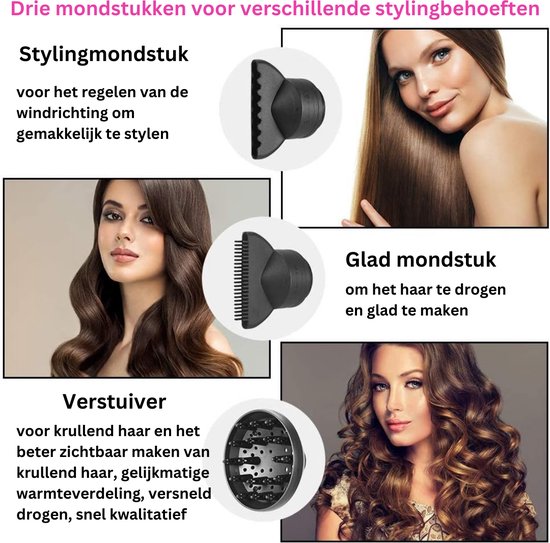 Haardroger - 3 Opzet Stukken - Fohn Met Diffuser - Haardroger Krullen ...