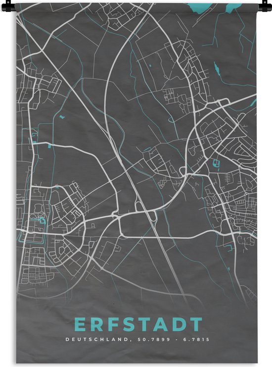Wandkleed - Wanddoek - Erfstadt– Stadskaart – Blauw – Plattegrond ...