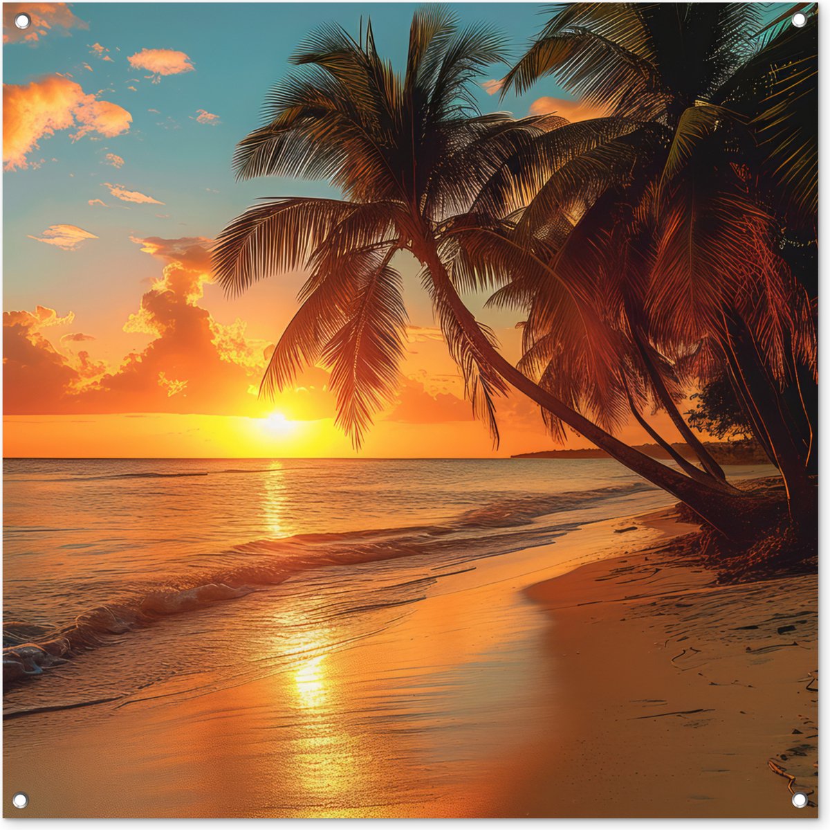 Tuindoek Zonsondergang - Strand - Palmbomen - Zee - Zon - 100x100 cm | bol