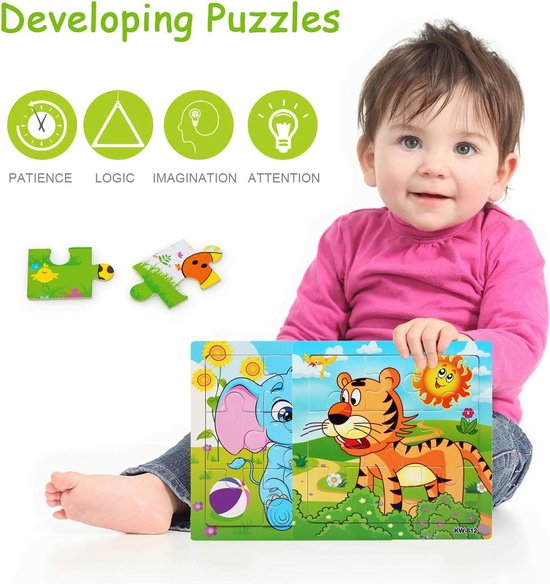 Houten puzzel voor 2, 3, 4, 5 jaar, 6 stuks houten legpuzzels met ...