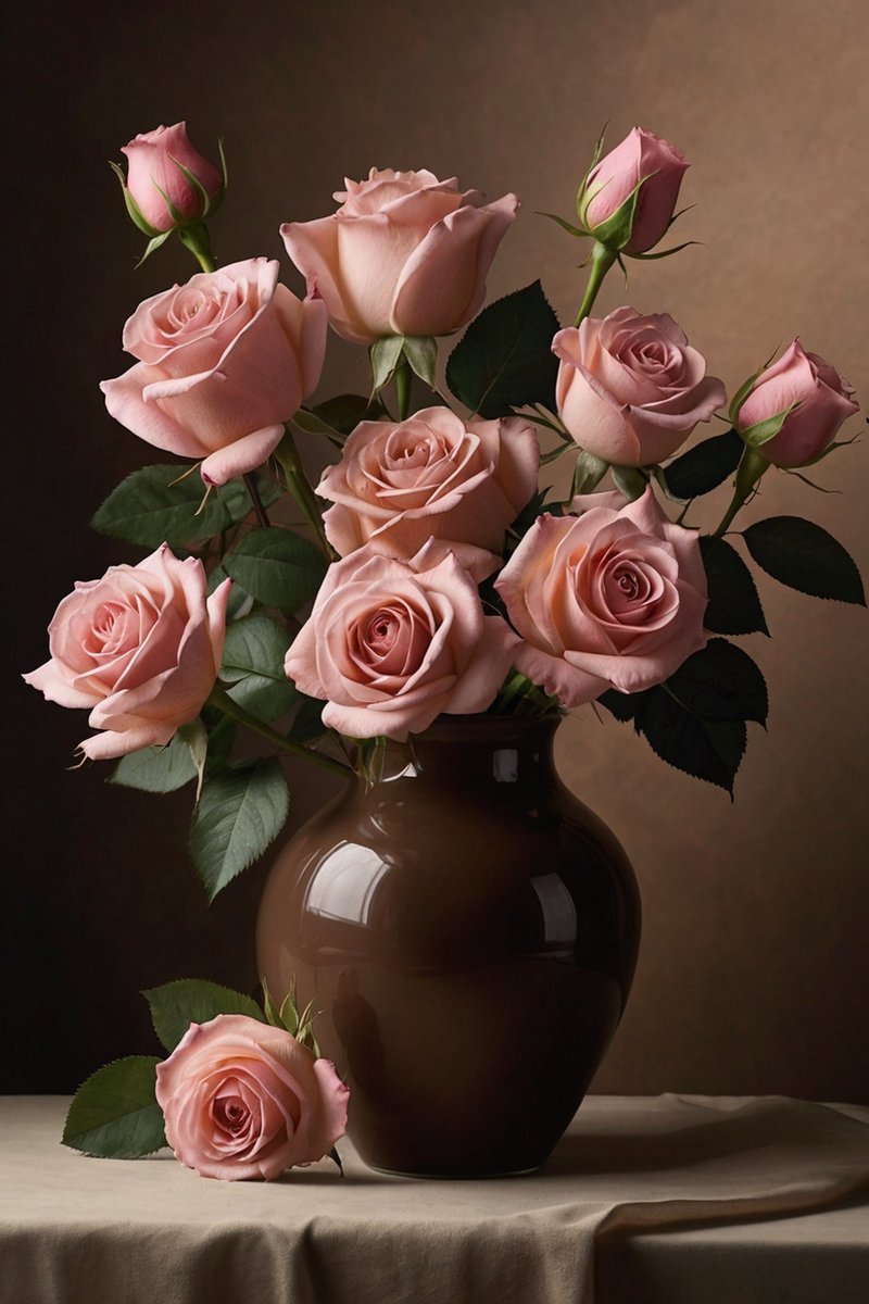 Roze rozen in een vaas poster - Bloemen in vaas poster - Poster ...