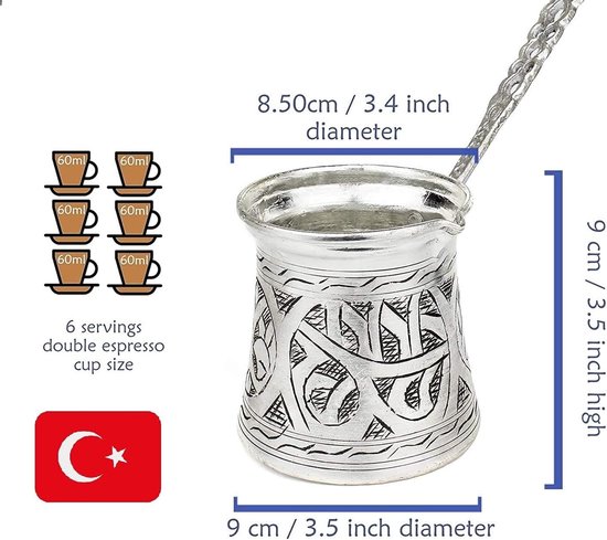 Turkse Koffiepot: Verzilverd Koperen Cezve Koffiepot met Gesneden ...