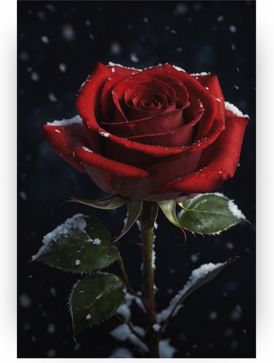Rode roos met sneeuw poster - Bloem posters - Poster roos ...