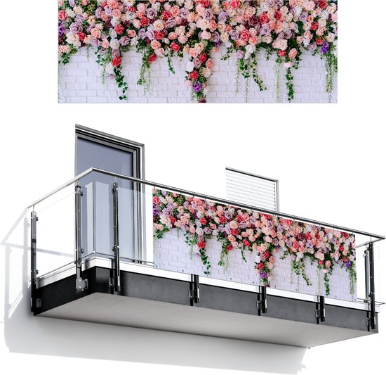 Balkonscherm 300x110 cm - Balkonposter Bloemen - Roze - Planten - Wit - Muur - Balkon... | bol