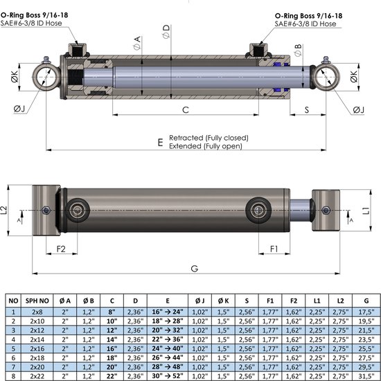 Dubbelwerkende hydraulische cilinder met buisuiteinden 1,5- 2 - 2%22/1 ...