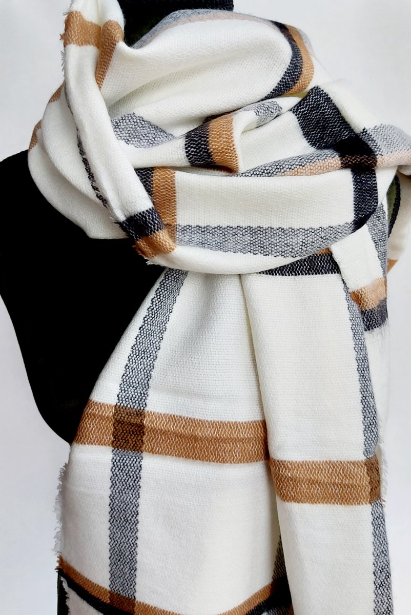 zaZa'z - Sjaal - Ecru/Zwart/Bruin- Ruit - 200x75cm | bol.com