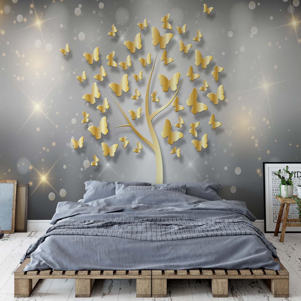 Fotobehang - Vlies Behang - Boom van Goud en Gouden Vlinders - Kunst - 368 x 254 cm | bol.com