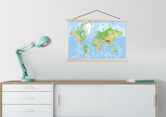 Schoolplaat - Textielposter - Wereldkaart - Atlas - Topografie - 90x60 cm - Textiel poster | bol
