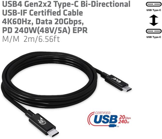USB4 Kabel Type-C Bi-directioneel 20Gbps Data, 240W Opladen, 4K 60Hz ...
