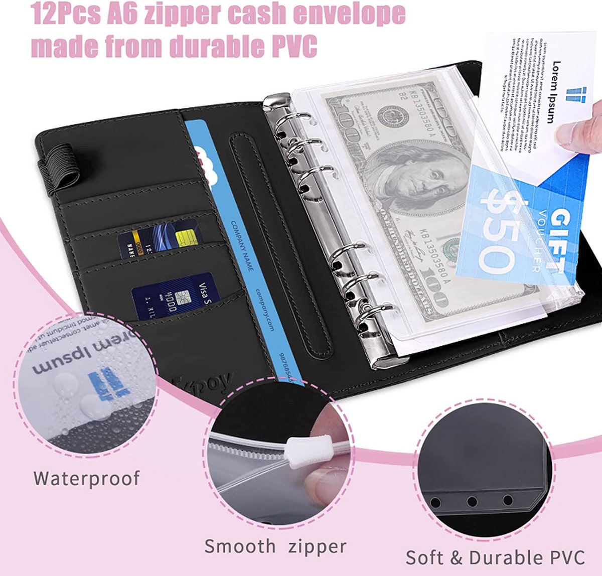 A6 Money budget planner met geldenveloppen – geld kasboek zwart leer ...