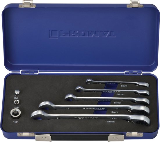 Promat 8-delige steek-/ringratelsleutel-set omschakelbaar - 8-19mm | bol
