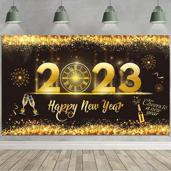 Happy New Year banner 2023, zwart goud 2023 Nieuwjaar banner, extra ...