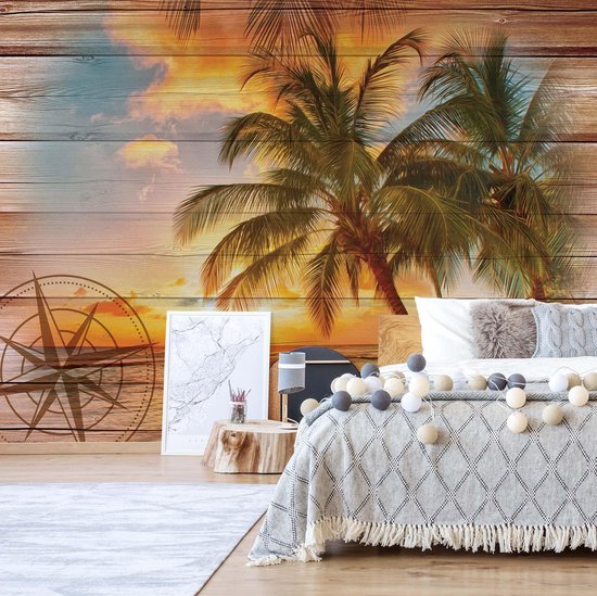 Fotobehang Rustic Tropical Beach Sunset Wood Planks | VEXXL - 312cm x ...