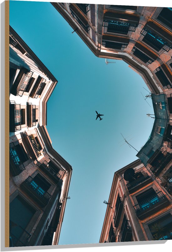 Hout - Vliegtuig in het middan van twee Gebouwen - 70x105 cm - 9 mm dik ...