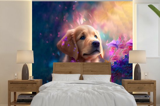 Behang - Fotobehang Hond - Puppy - Zon - Bloemen - Golden retriever - Breedte 220 cm x... | bol