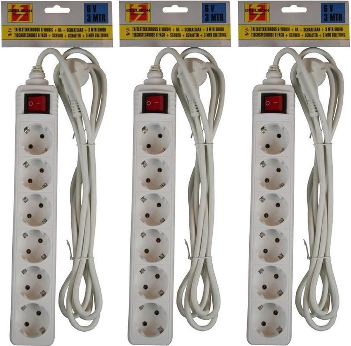 3x Multiprises 6 voies blanches - 3 mètres - Avec contact de mise à la ...