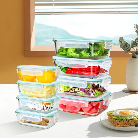 Bramboo - Meal prep bakjes - Set van 8 - 4x 1040 ml - 4x 370 ml - Glas ...