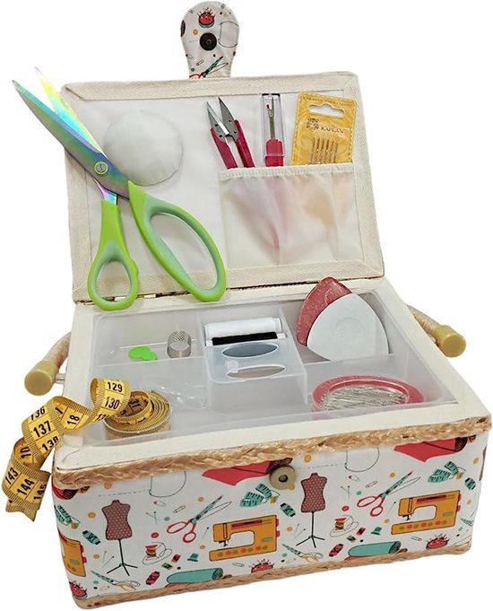 Middelgrote naaidoos van hout met accessoires, met stof beklede naaibox ...