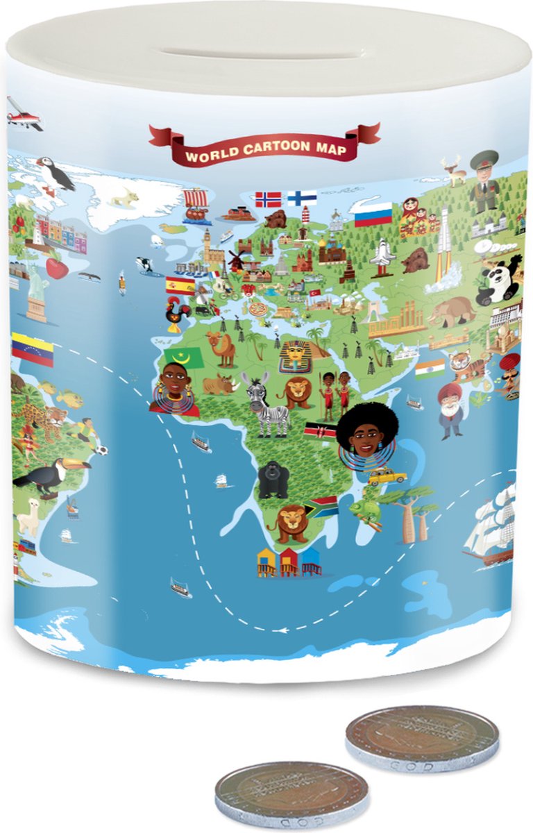 Spaarpot - Spaarblik - Een cartoontekening van een kaart van de wereld ...