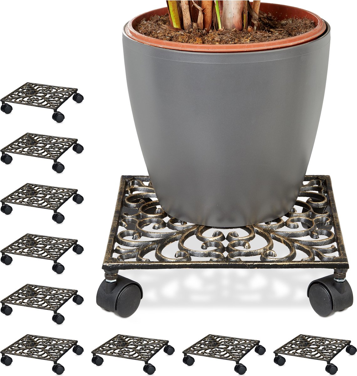 Relaxdays 10x plantentrolley gietijzer - plantenonderzetter - wieltjes ...