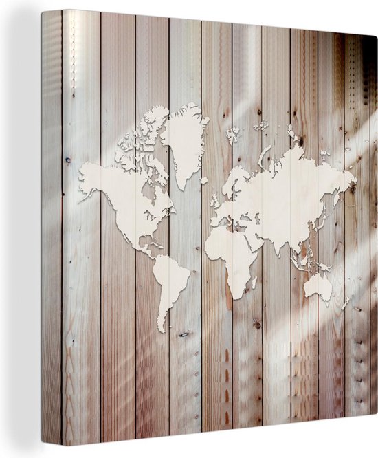 Canvas Wereldkaart - 20x20 - Wanddecoratie Wereldkaart - Wit - Hout ... Canvas Wereldkaart - 20x20 - Wanddecoratie Wereldkaart - Wit - Hout ...
