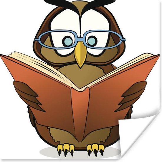 Poster Een cartoonachtige tekening van een wijze uil die een boek leest ...