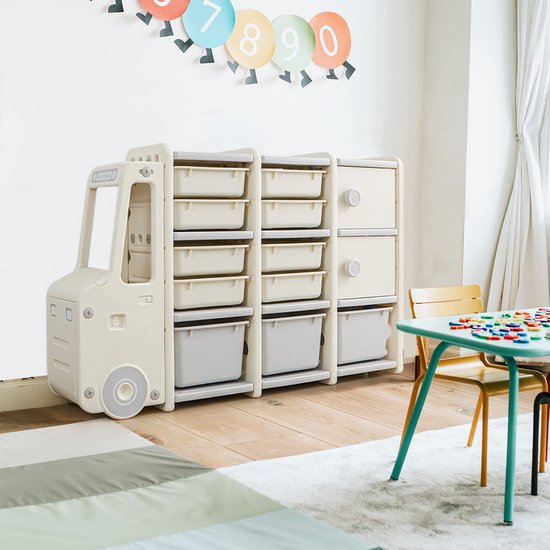 IvoQ Kinderkast Auto – Speelgoedkast met 11 Opbergbakken & 2 Kastjes ...