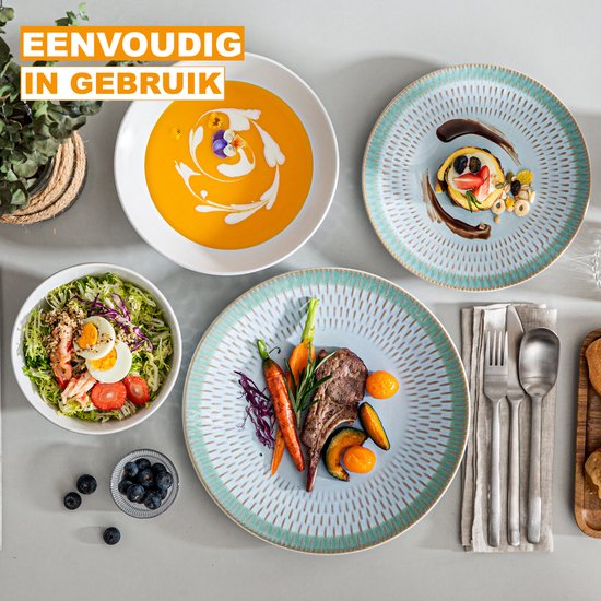 Tida Serviesset - 32 delig - 8 persoons - Wit/Groene rand - Dinerborden ...