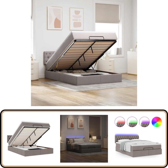 vidaXL Bed poef met matras en LED's 140x200 cm stof taupe | bol
