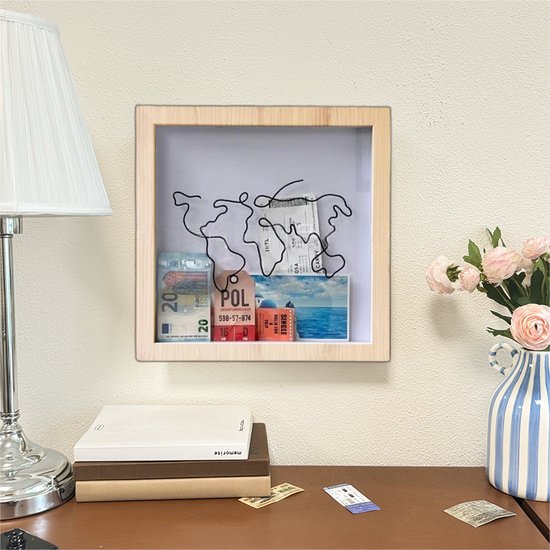 Spaarpot & Ticket Box – Houten Wereldkaart – 20×20×4,5 cm | bol