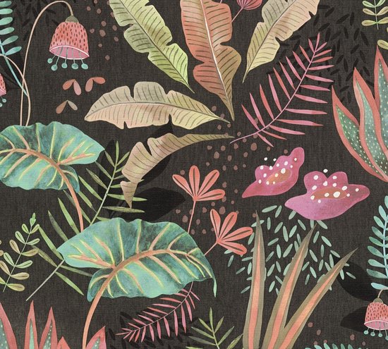 SPEELSE BLADEREN BEHANG | Botanisch - Meerkleurig Zwart Groen Roze ...
