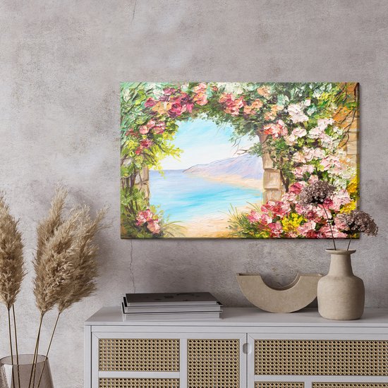 Schilderijkoning - Canvas Schilderij Bloemen En Zee - 120 x 80 cm | bol