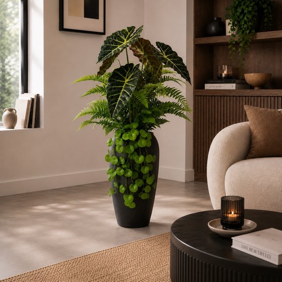 UNUS kunstbloem kunstplant met vaas alocasia, varen, hangende klimop 75 ...