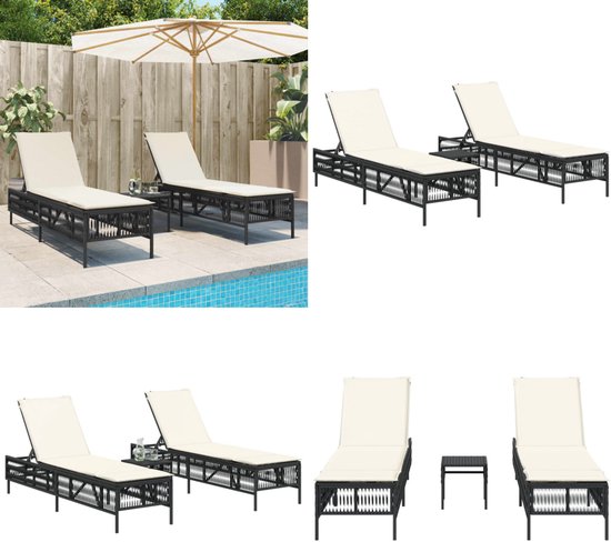 vidaXL - Ligbedden - 2 - st - met - tafel - poly - rattan - zwart | bol