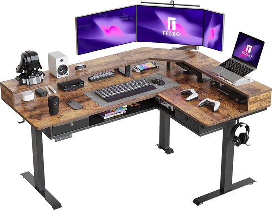 Hoogte verstelbaar bureau met LED-strip - L-vormig staand bureau met ...