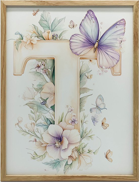 Lijst Muurposter Letter T Bloemen En Vlinders 50X70 Cm | bol