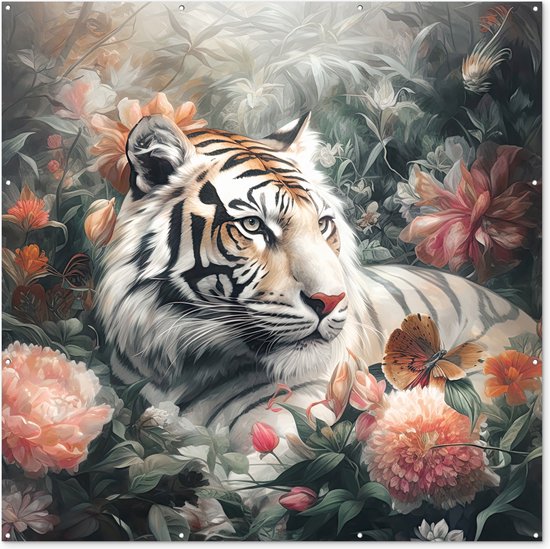 Tuin poster Tijger - Wilde dieren - Bloemen - Jungle - 200x200 cm - Tuindoek -... | bol