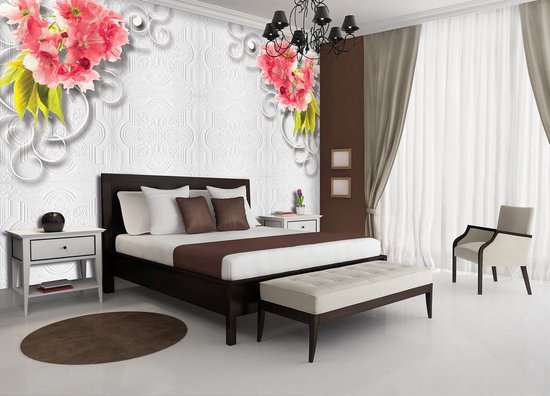 Fotobehang - Vlies Behang - Bloemen op Wit Ornament - 208 x 146 cm ...