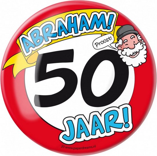 button Abraham! 50 jaar! heren 10 cm staal rood/wit | bol.com