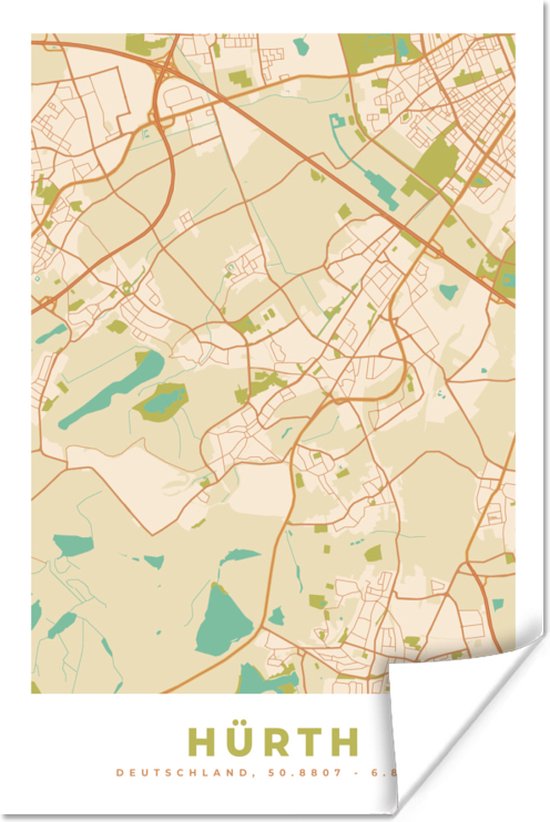 Poster Kaart - Hürth - Plattegrond - Vintage - Stadskaart - 80x120 cm ...